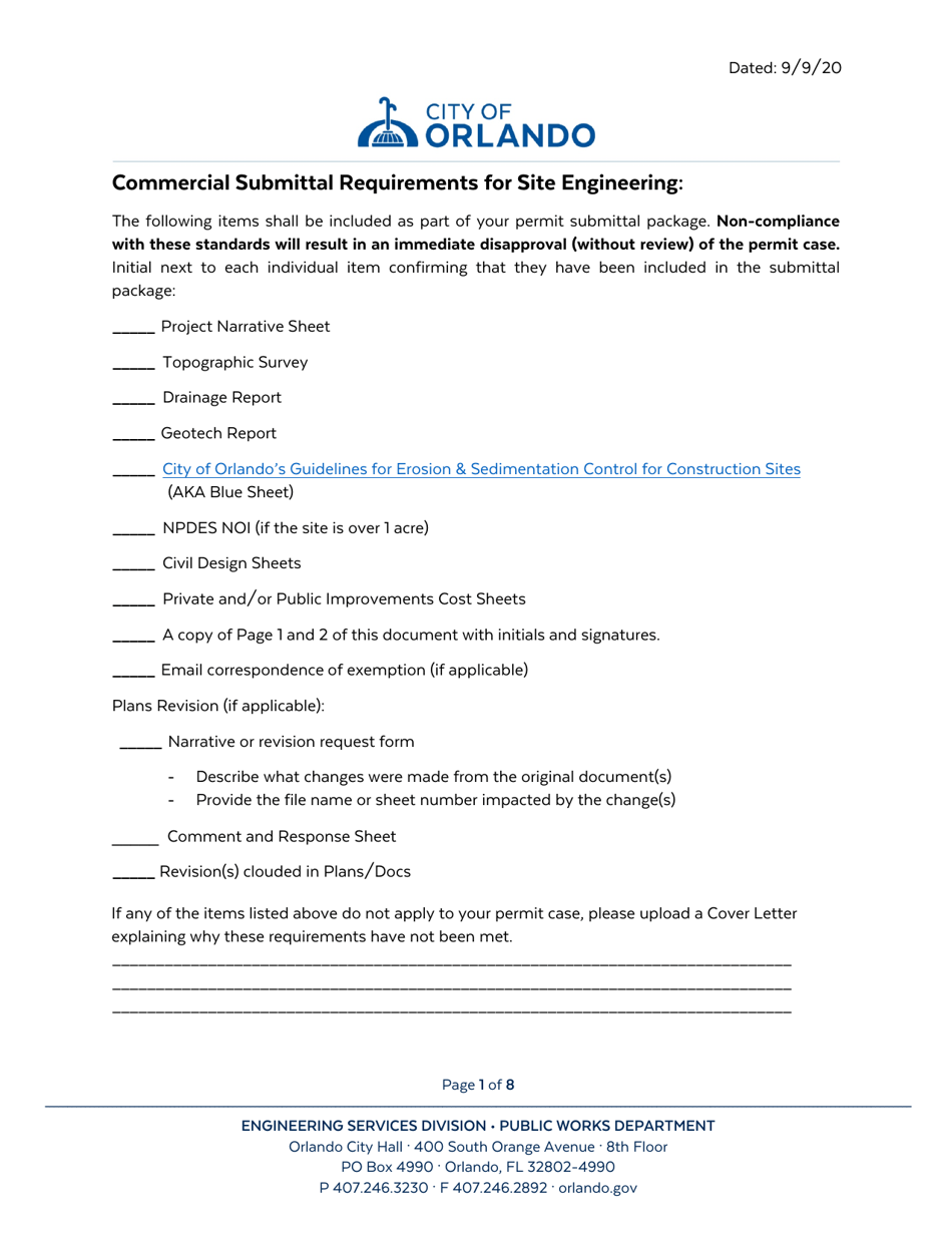 City of Orlando, Florida Commercial Submittal Requirements for Site Engineering - Fill Out, Sign ...