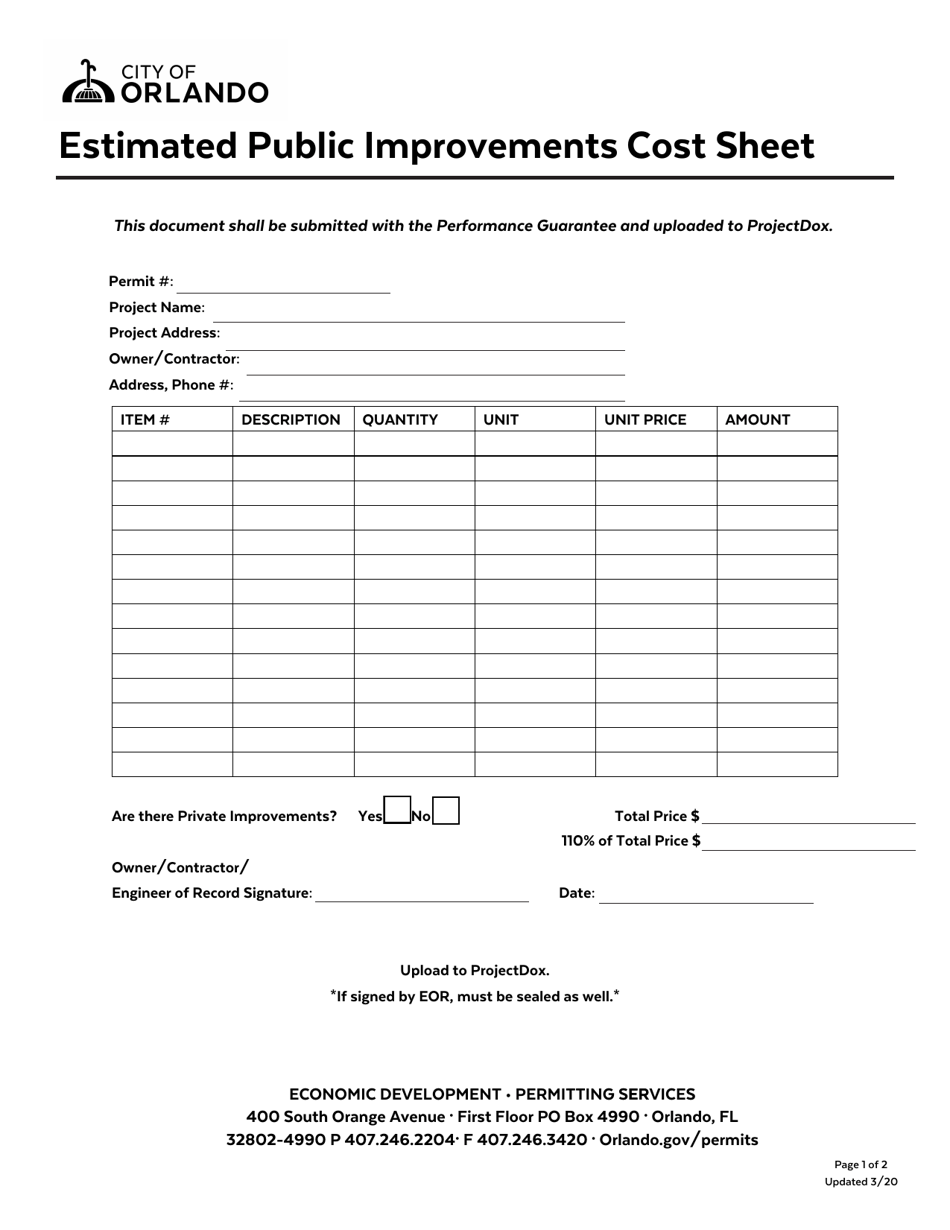 City of Orlando, Florida Estimated Public Improvements Cost Sheet - Fill Out, Sign Online and ...