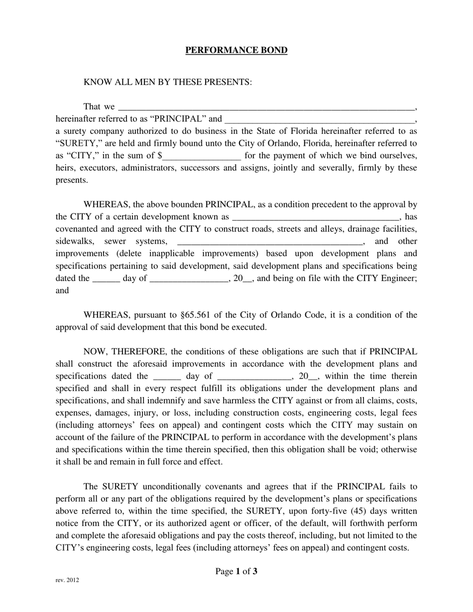 City of Orlando, Florida Performance Bond - Fill Out, Sign Online and ...