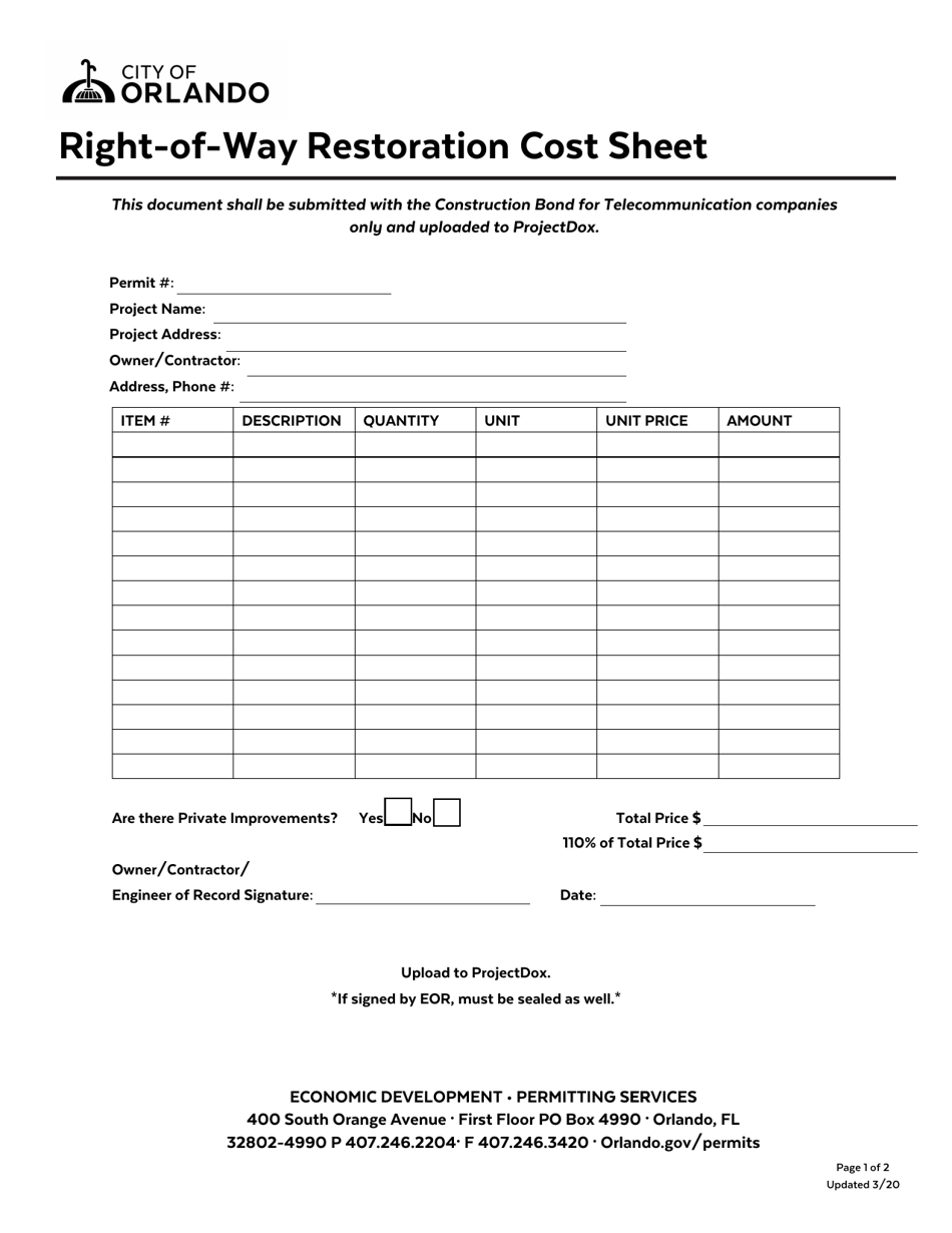 City of Orlando, Florida Right-Of-Way Restoration Cost Sheet - Fill Out ...