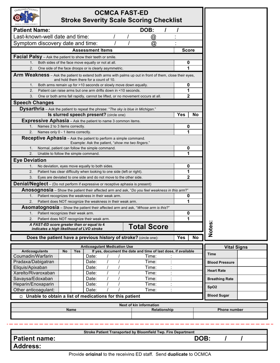 Oakland County, Michigan Ocmca Fast-Ed Stroke Severity Scale Scoring ...