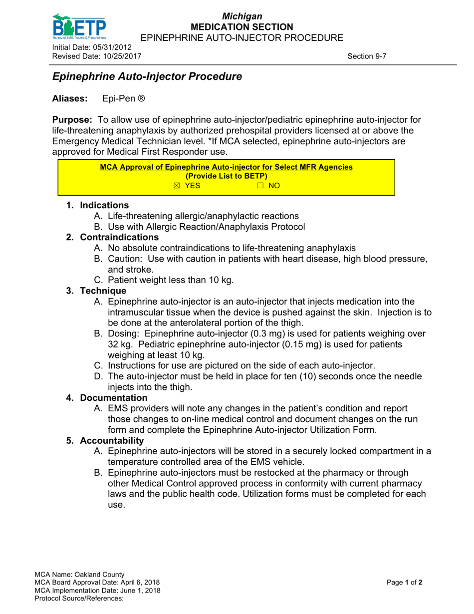 Oakland County, Michigan Epinephrine Auto-injector Utilization Form - Fill Out, Sign Online and ...