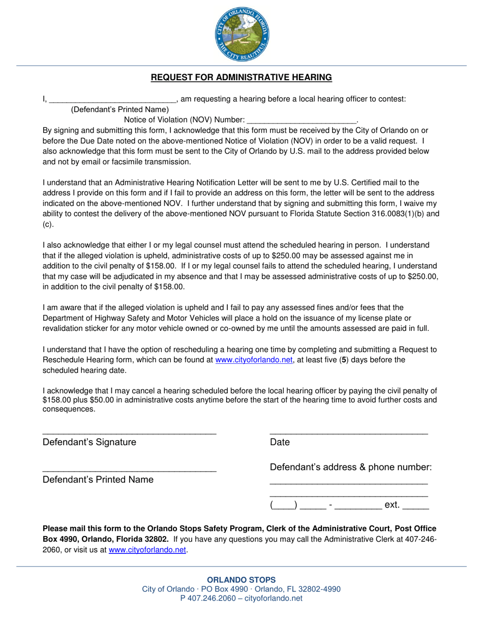 City of Orlando, Florida Request for Administrative Hearing - Fill Out ...