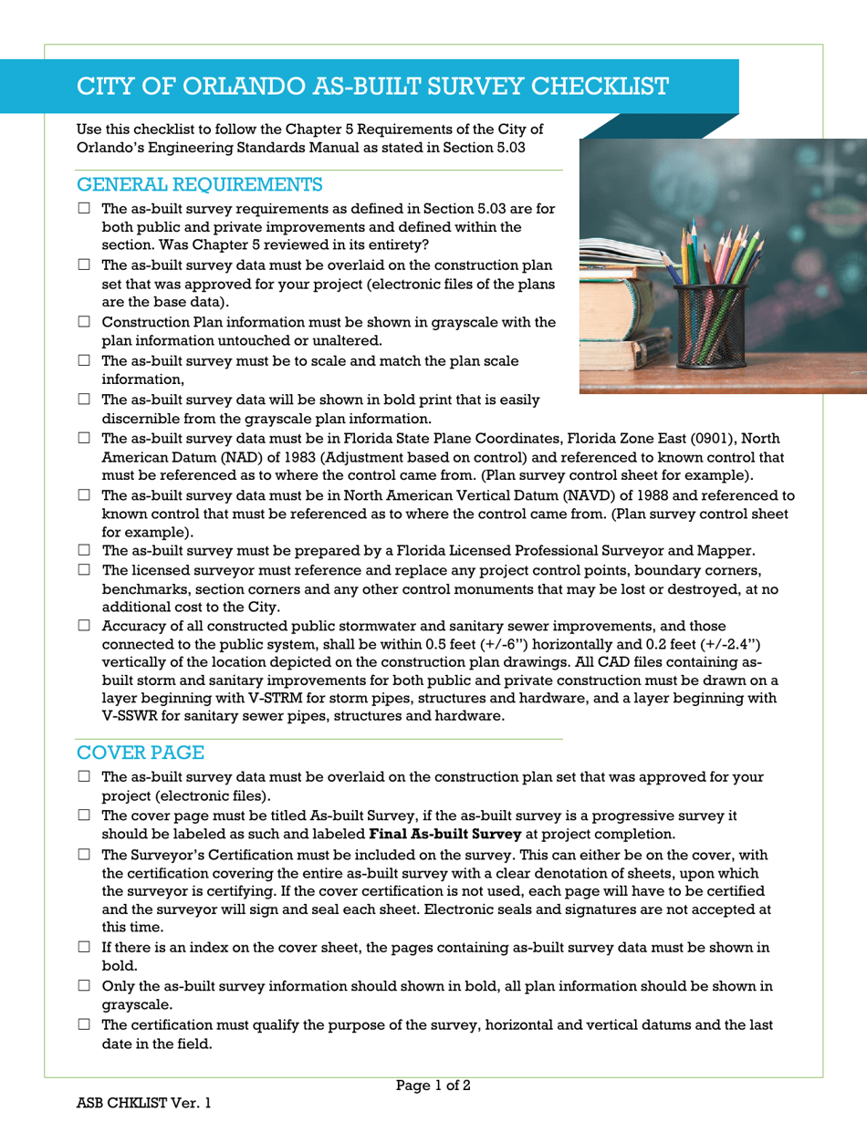 City of Orlando, Florida As-Built Survey Checklist - Fill Out, Sign ...