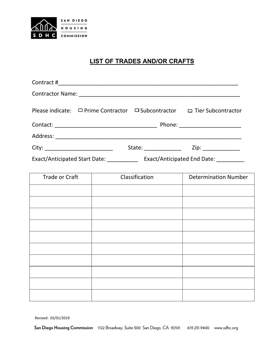City of San Diego, California List of Trades and/or Crafts - Fill Out ...