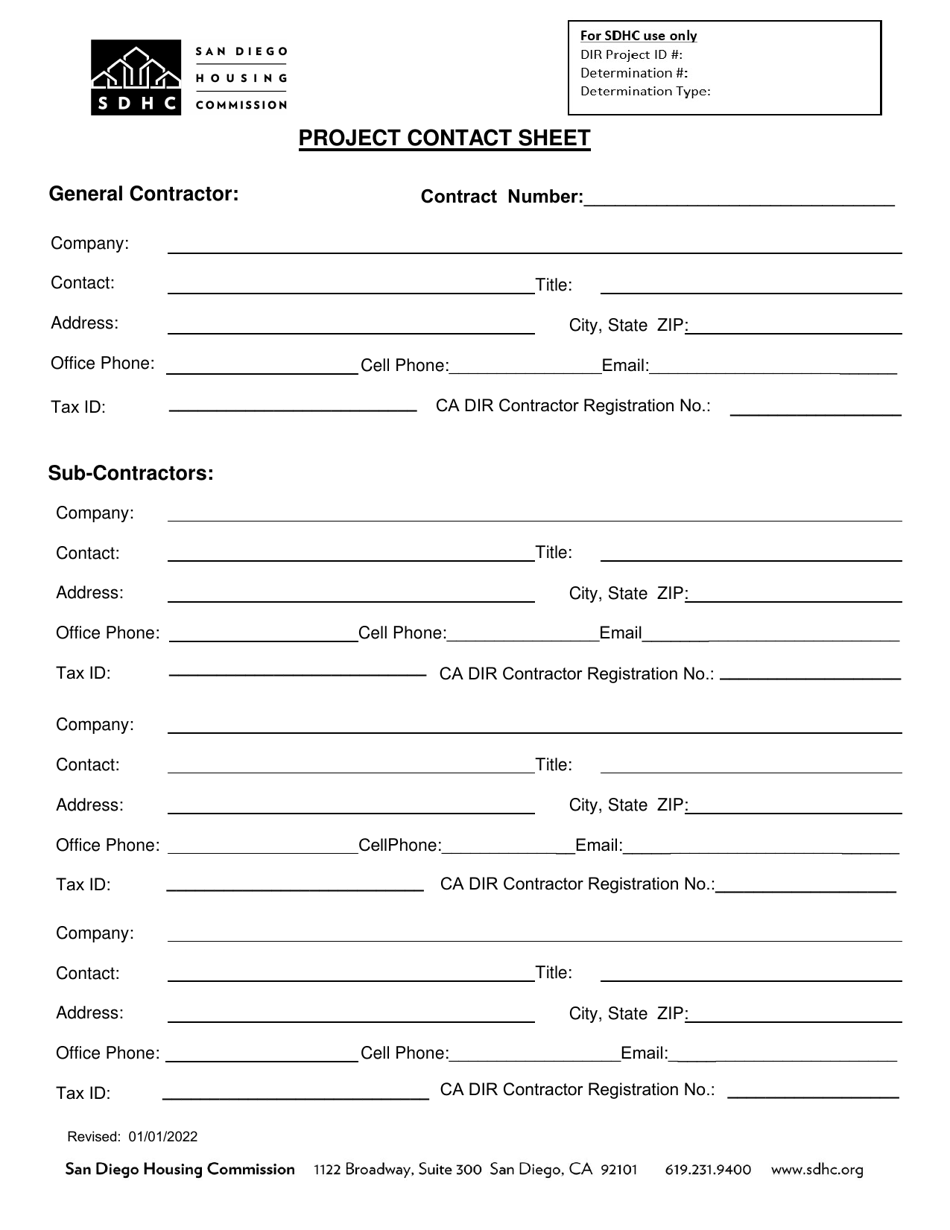 City of San Diego, California Project Contact Sheet - Fill Out, Sign ...