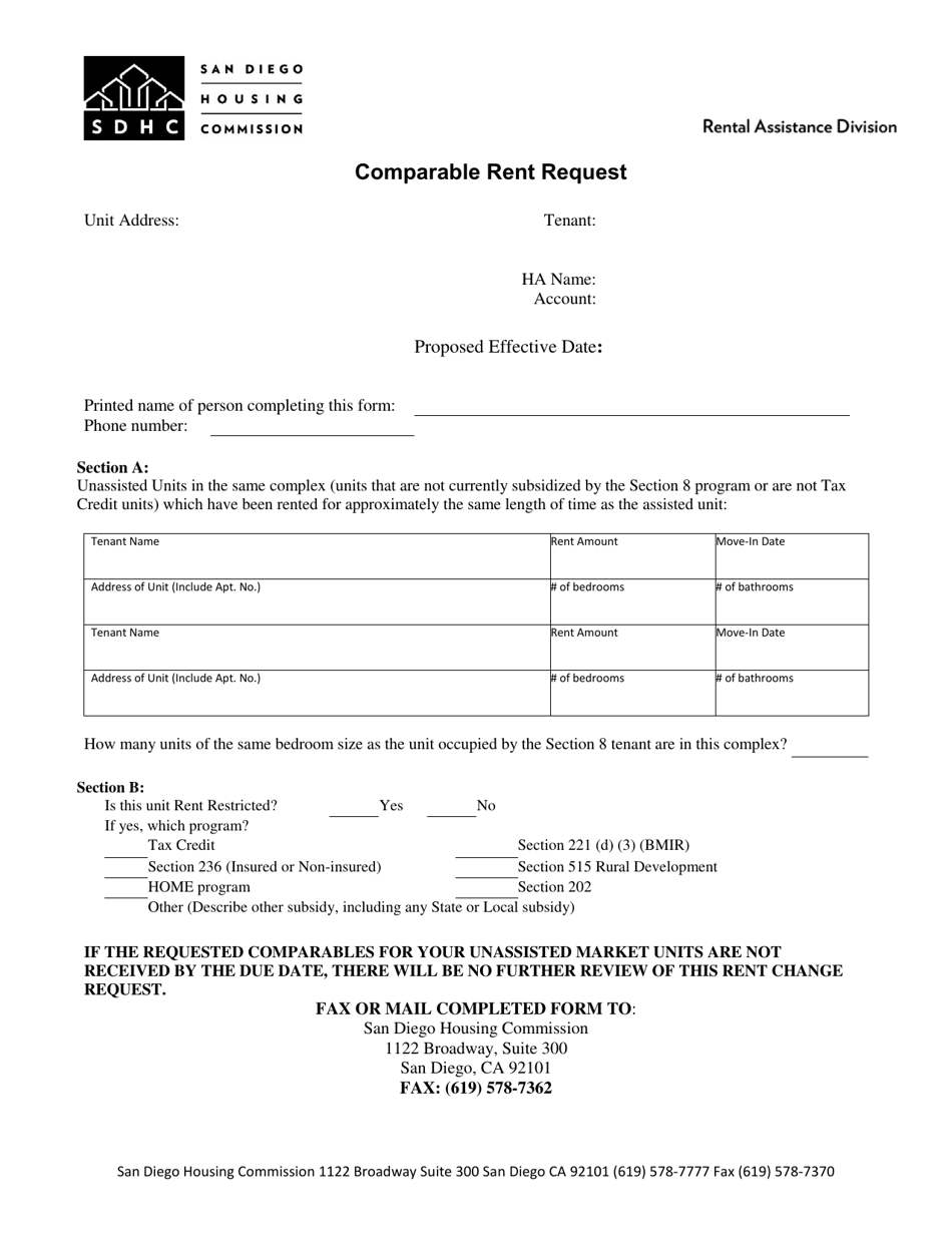 City of San Diego, California Comparable Rent Request - Fill Out, Sign ...