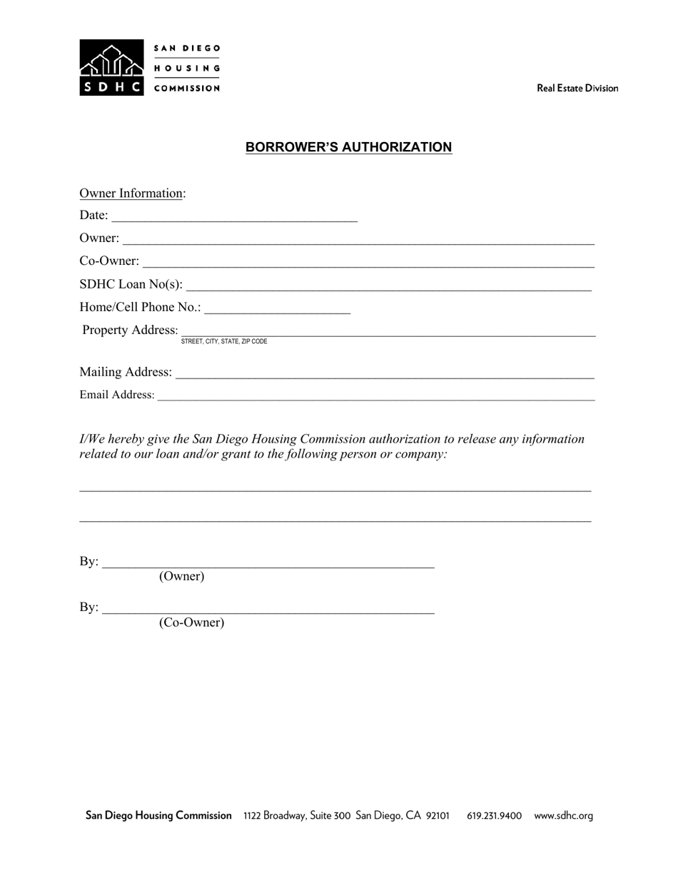 City of San Diego, California Borrower's Authorization - Fill Out, Sign ...