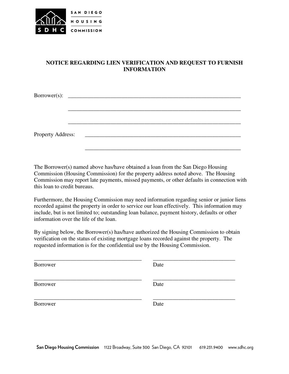 City of San Diego, California Notice Regarding Lien Verification and ...