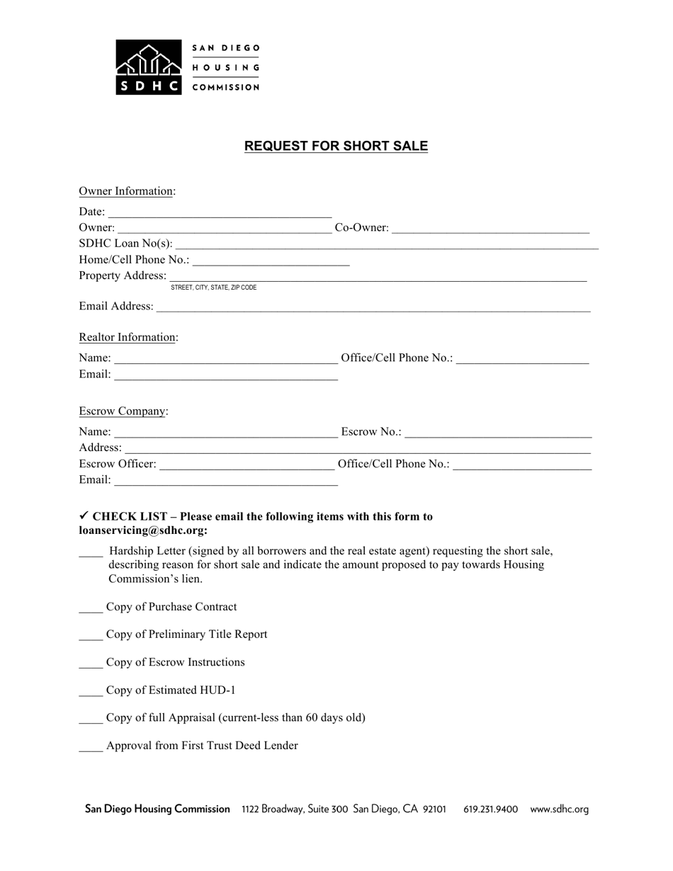 City of San Diego, California Request for Short Sale - Fill Out, Sign ...