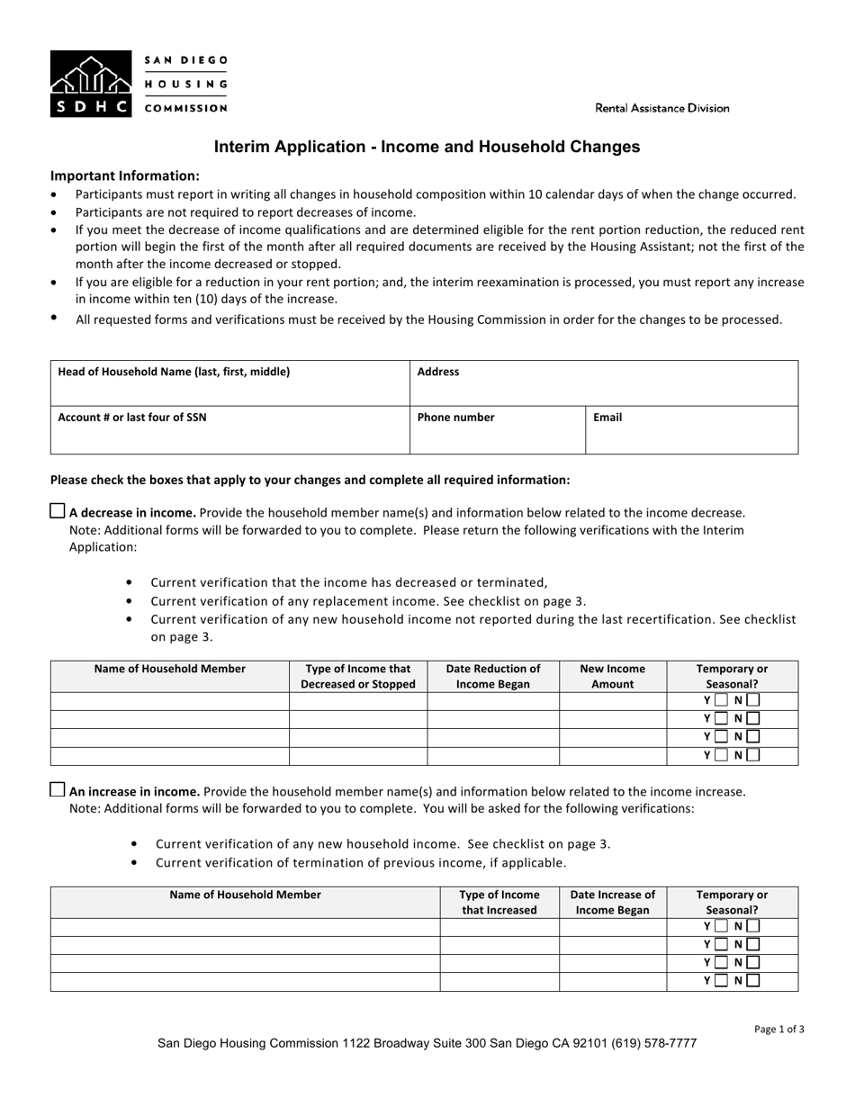 City of San Diego, California Interim Application - Income and ...