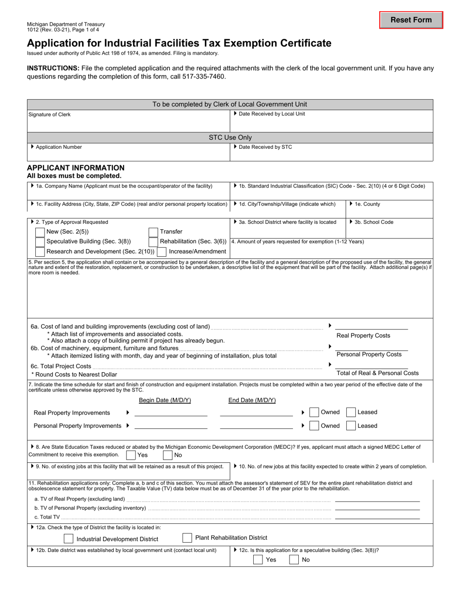 Form 1012 - Fill Out, Sign Online and Download Fillable PDF, Michigan ...