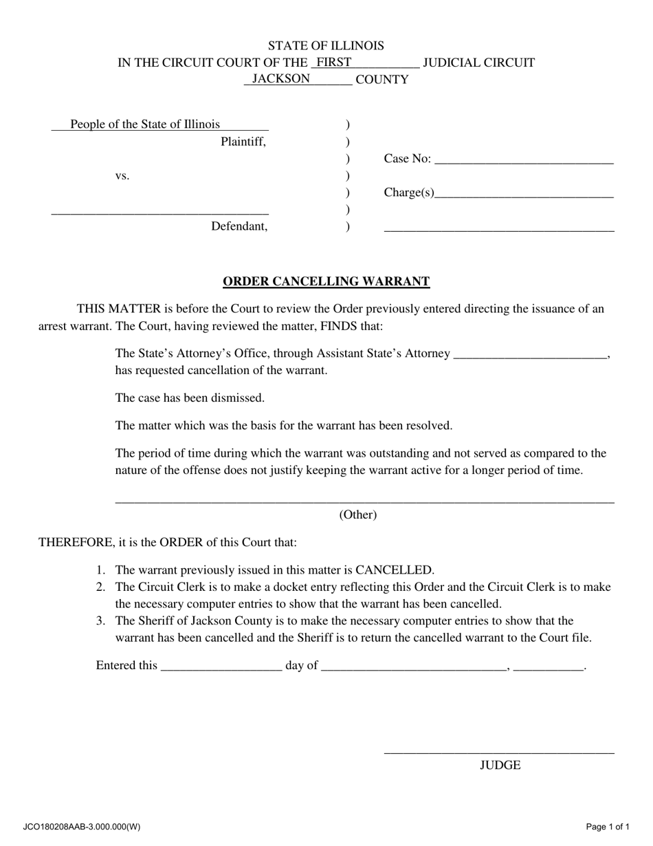 Jackson County, Illinois Order Cancelling Warrant - Fill Out, Sign ...