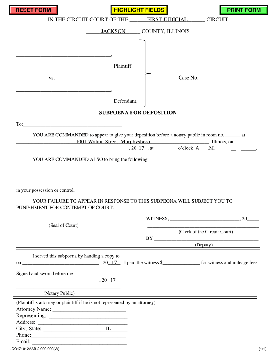 Jackson County, Illinois Subpoena for Deposition - Fill Out, Sign ...