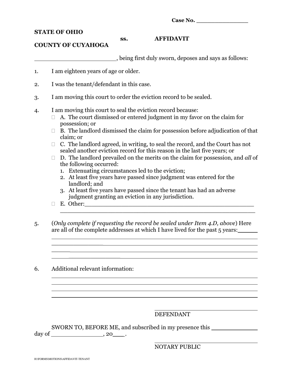Cuyahoga County, Ohio Motion to Seal Affidavit - Fill Out, Sign Online and Download PDF ...