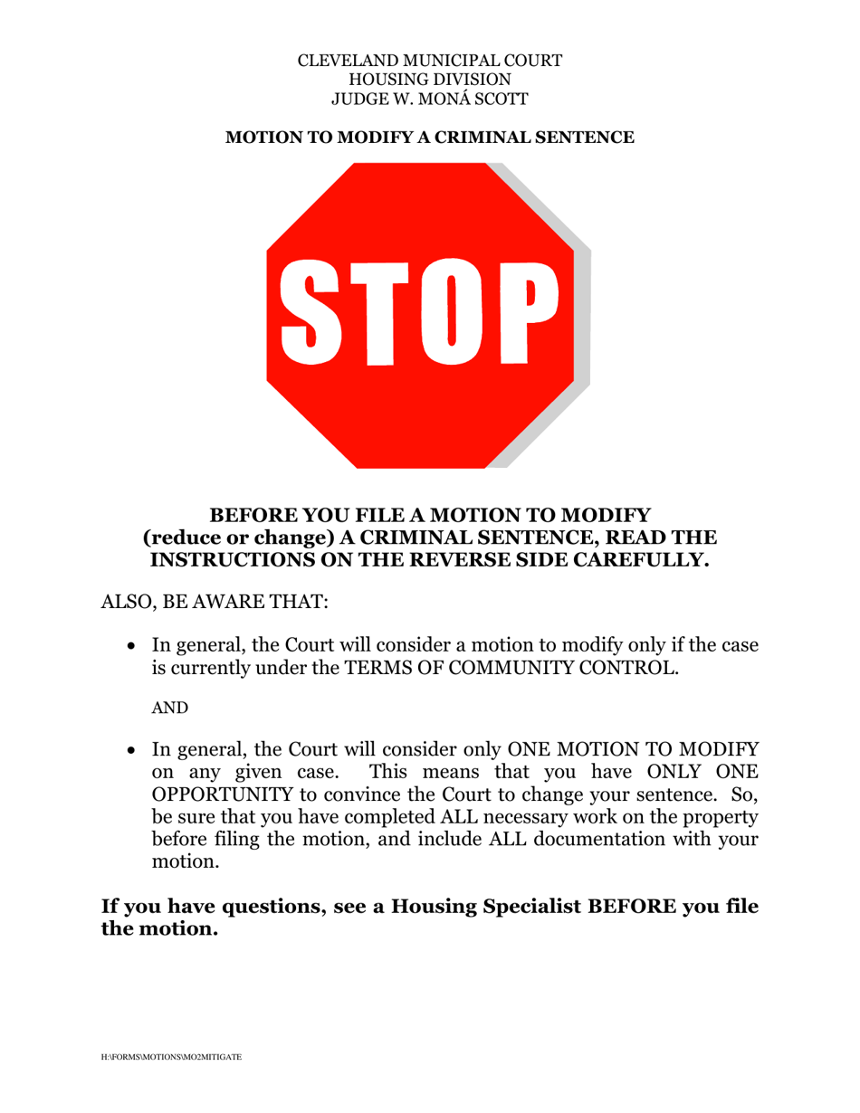 Cuyahoga County, Ohio Motion to Modify Community Control - Fill Out, Sign Online and Download ...