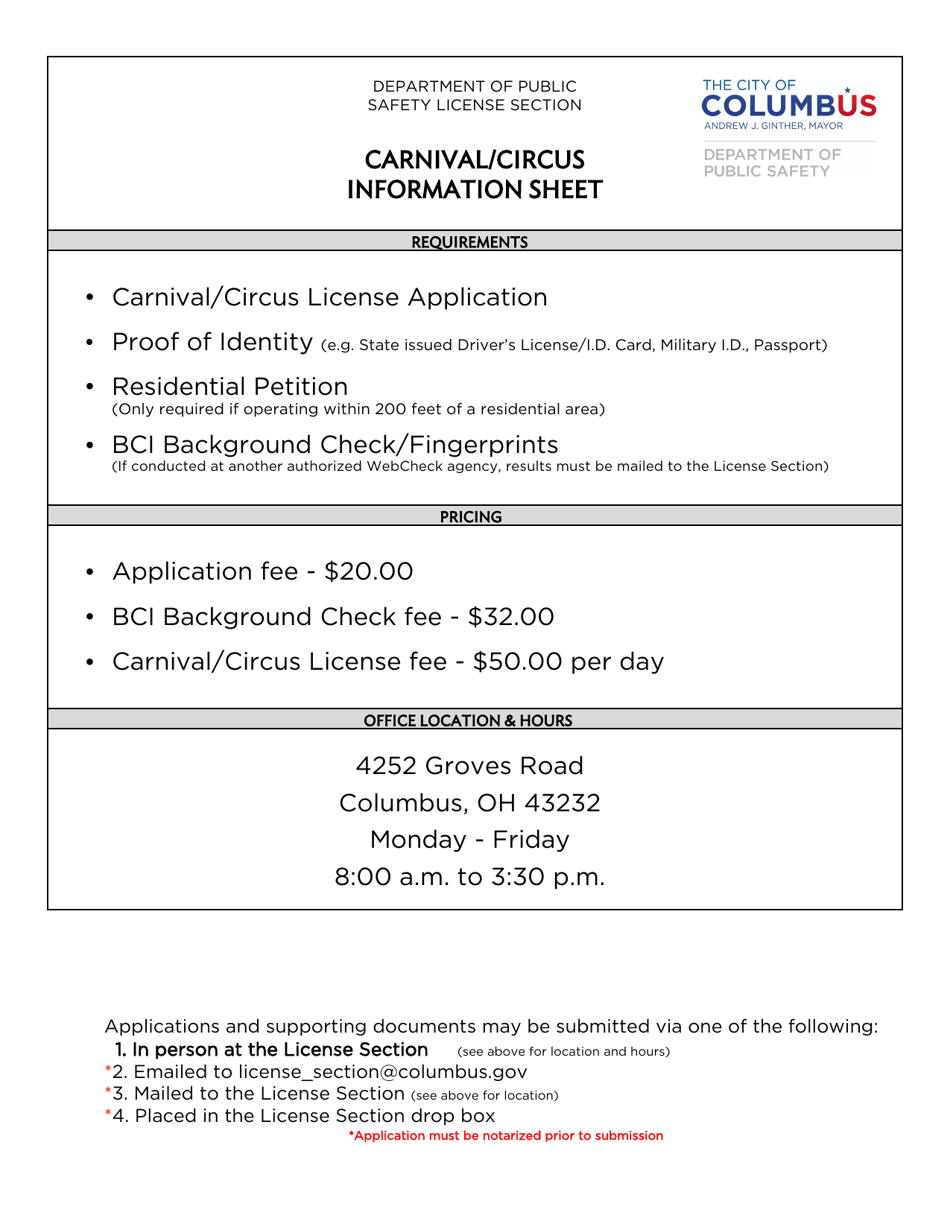City of Columbus, Ohio Carnival/Circus Application - Fill Out, Sign ...