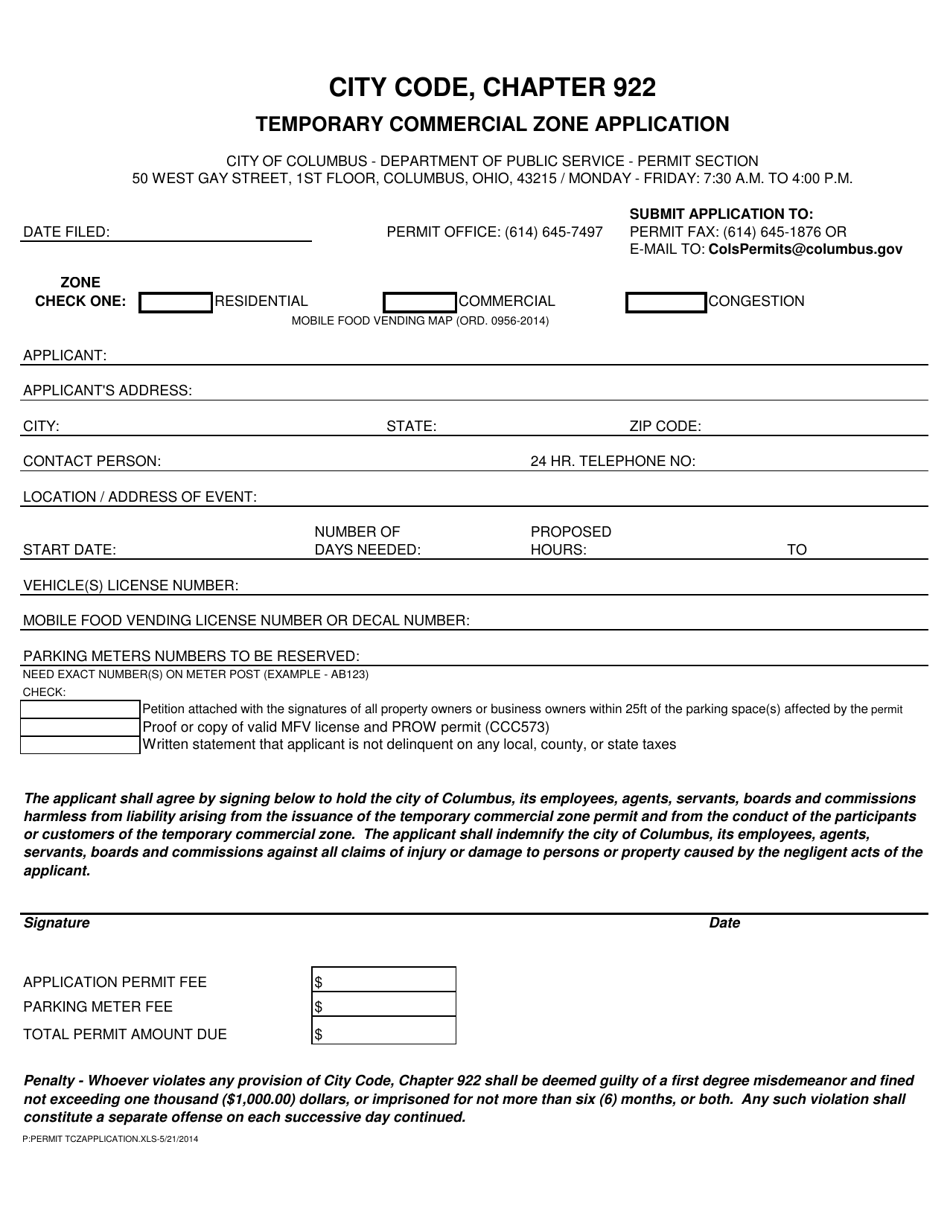 City of Columbus, Ohio Temporary Commercial Zone Application - Fill Out ...