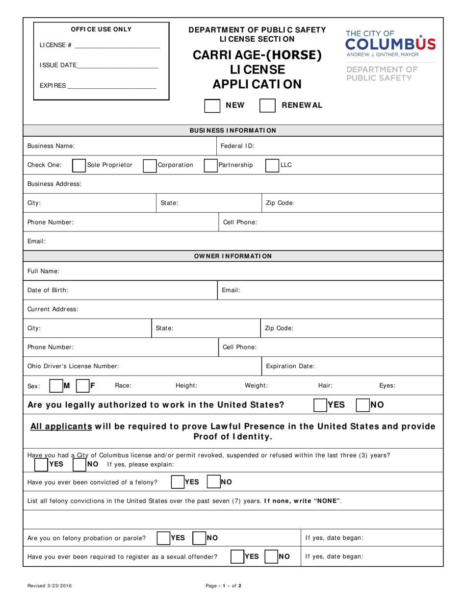 City of Columbus, Ohio Carriage (Horse) License Application - Fill Out ...