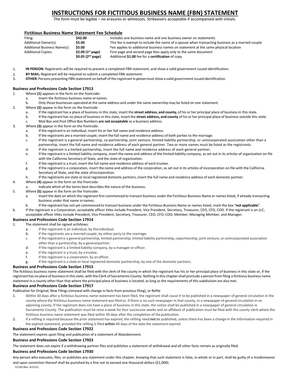 Form CC230 - Fill Out, Sign Online and Download Fillable PDF, County of ...