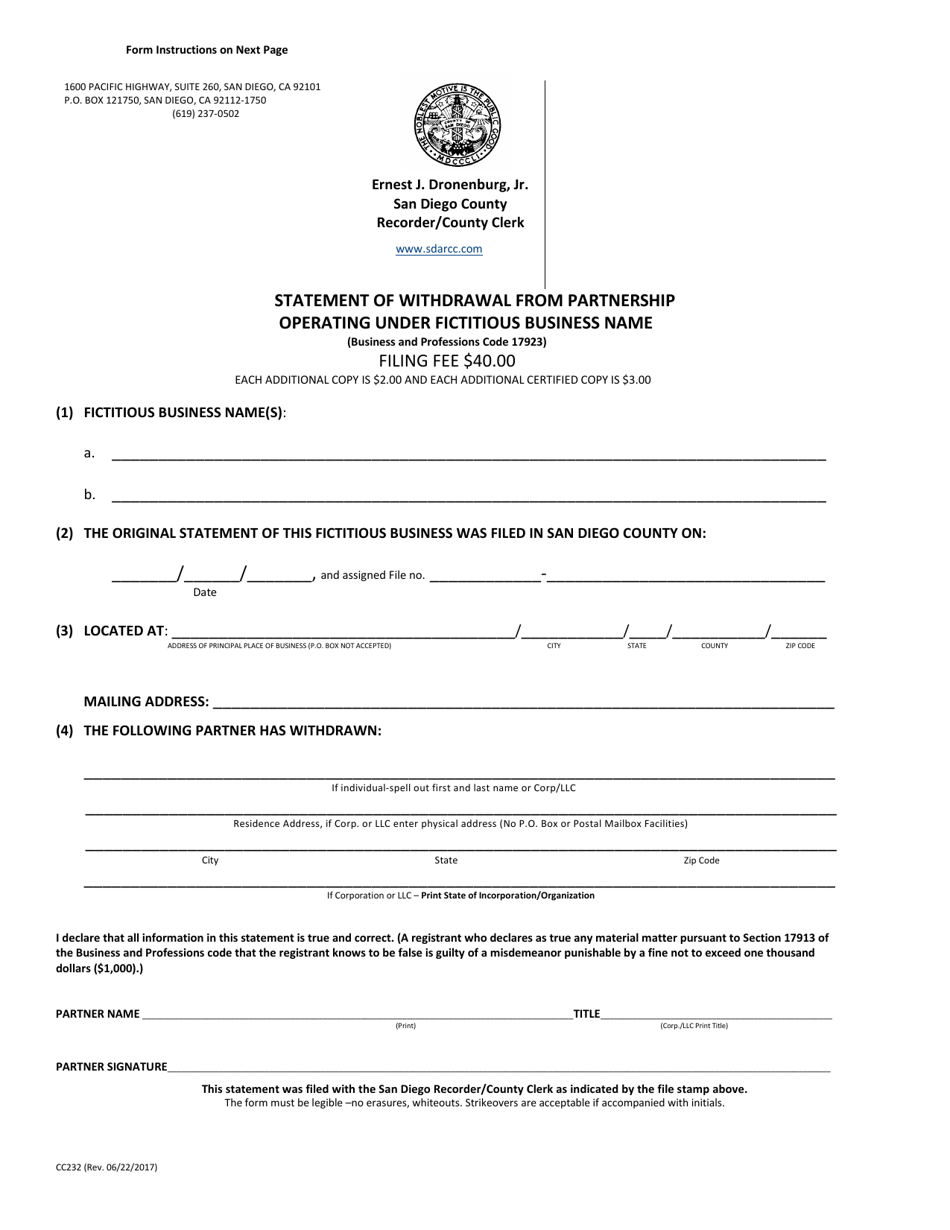 Form CC232 - Fill Out, Sign Online and Download Fillable PDF, County of ...