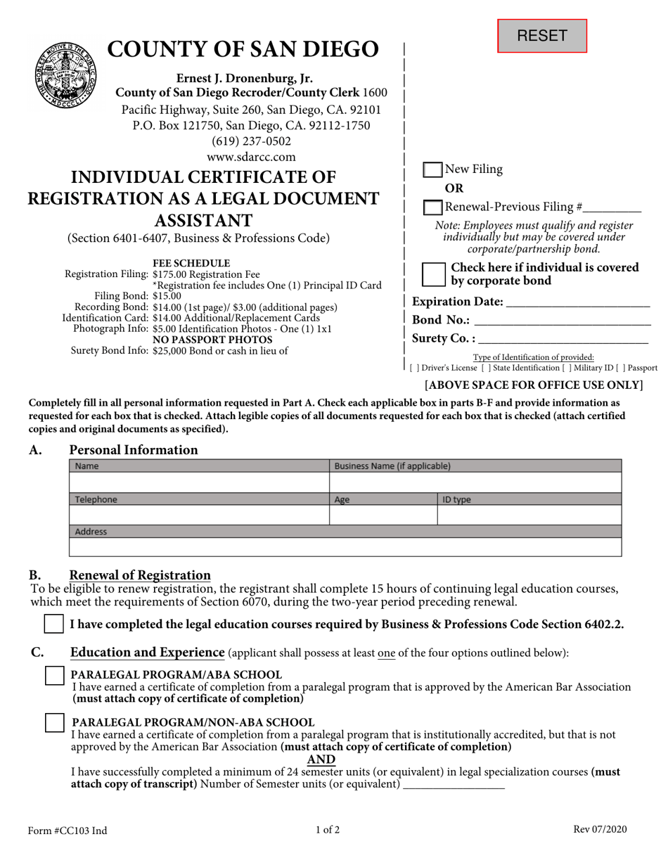 Form CC103 - Fill Out, Sign Online and Download Fillable PDF, County of San Diego, California ...