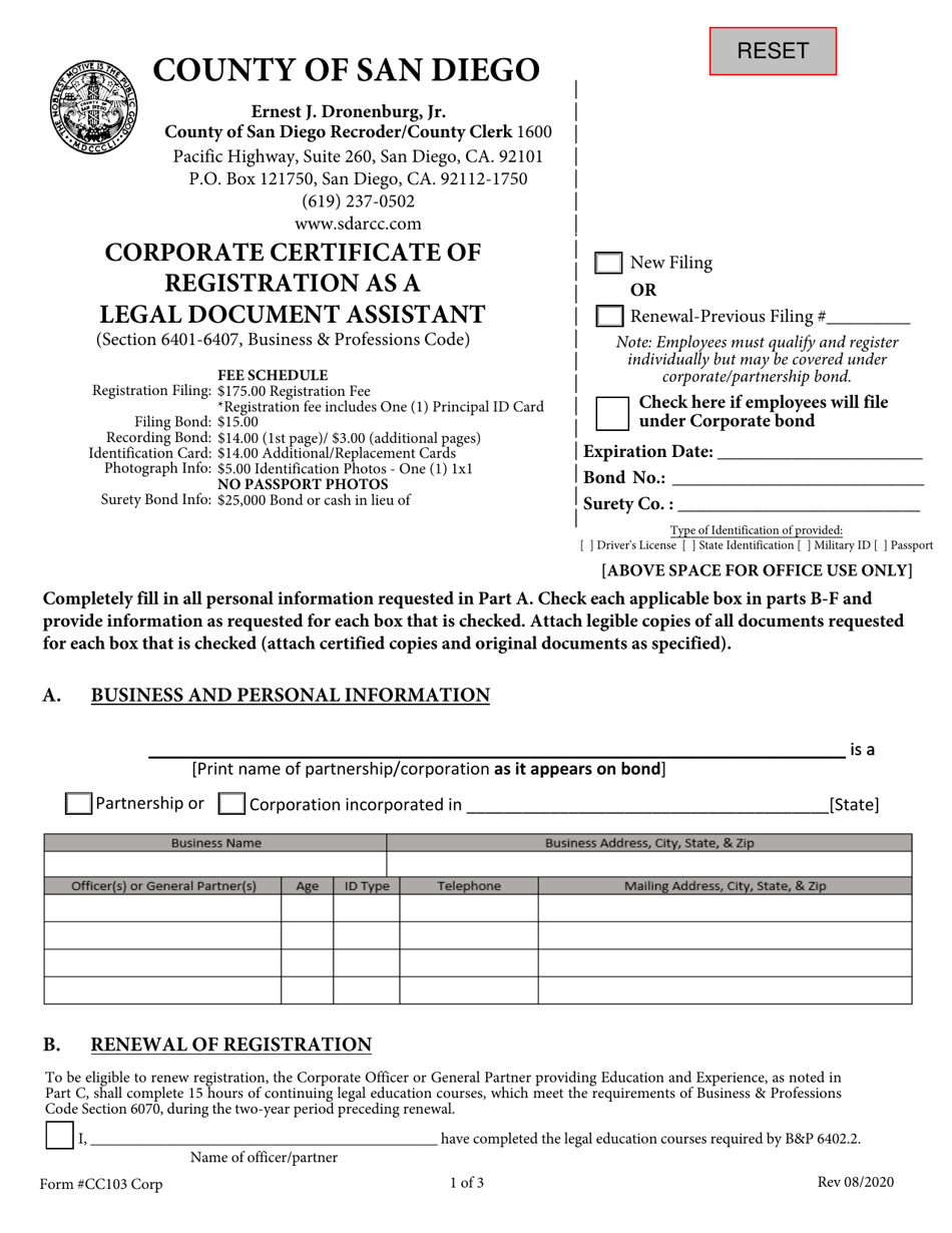 Form CC103 Download Fillable PDF Or Fill Online Corporate Certificate