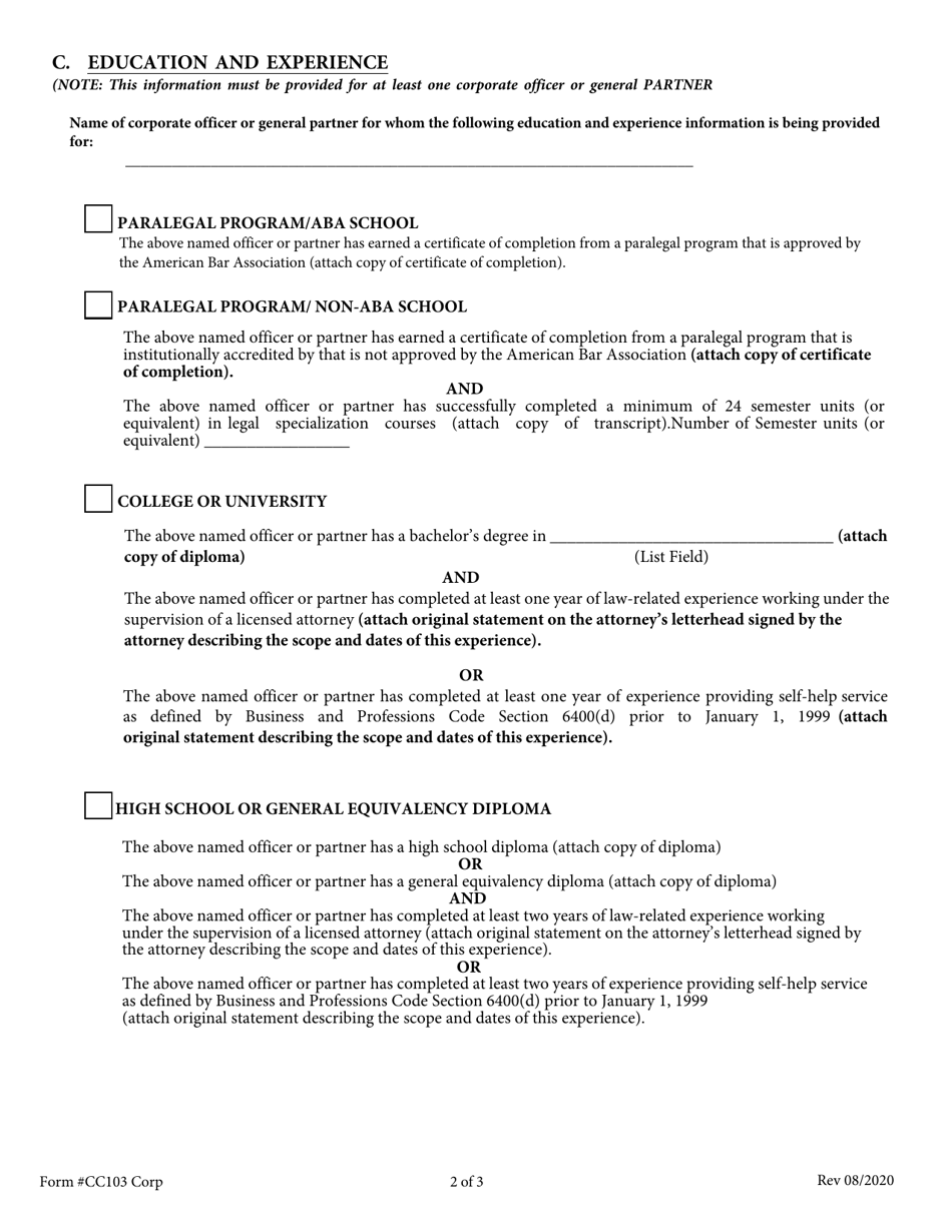 Form CC103 Download Fillable PDF or Fill Online Corporate Certificate of Registration as a Legal ...