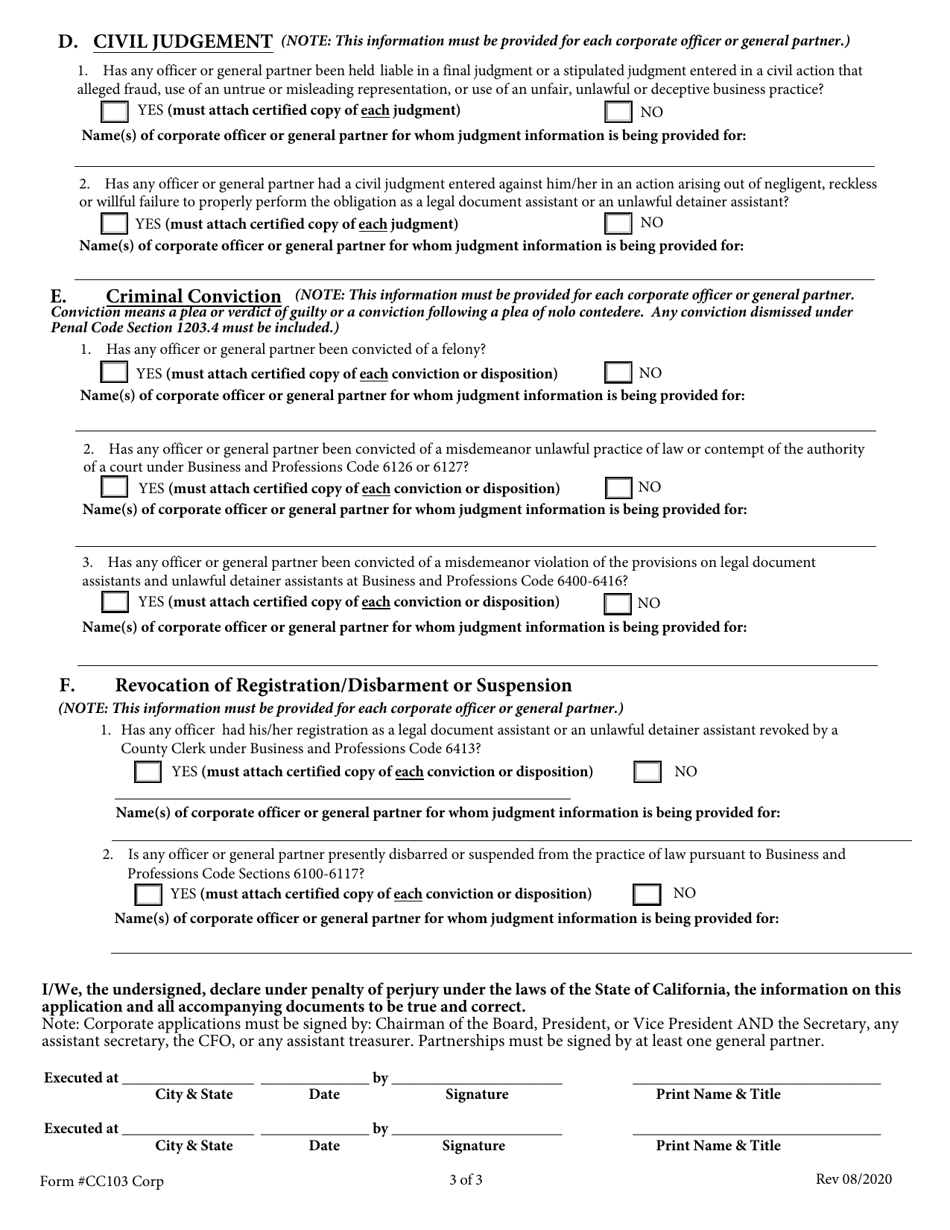 Form CC103 Download Fillable PDF or Fill Online Corporate Certificate of Registration as a Legal ...