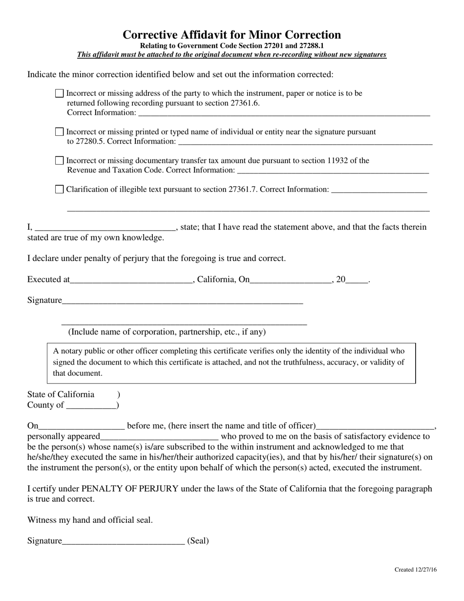 County of San Diego, California Corrective Affidavit for Minor ...