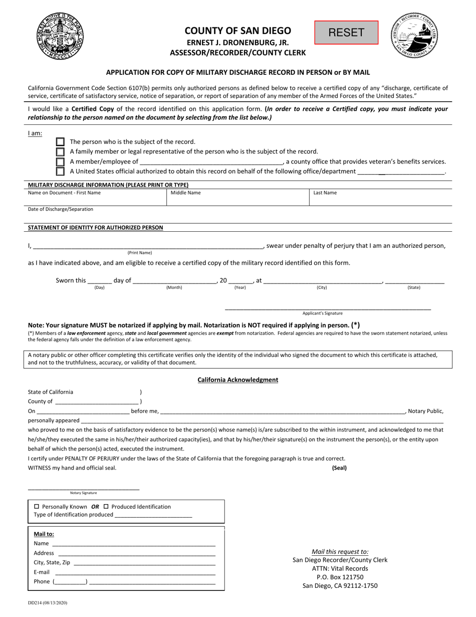 Form DD214 - Fill Out, Sign Online and Download Fillable PDF, County of ...