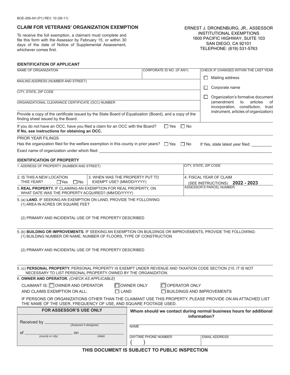 Form BOE-269-AH - Fill Out, Sign Online and Download Fillable PDF ...