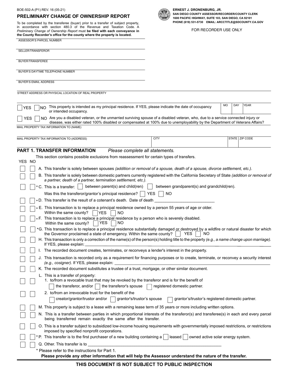 Form BOE-502-A - Fill Out, Sign Online and Download Fillable PDF, County of San Diego ...
