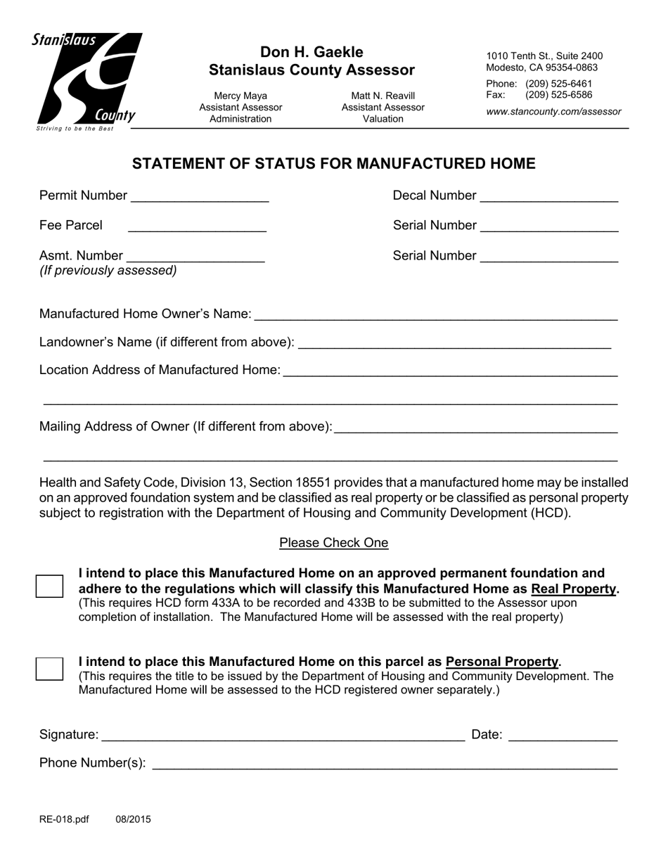 Form RE-018 - Fill Out, Sign Online and Download Fillable PDF, Stanislaus County, California ...