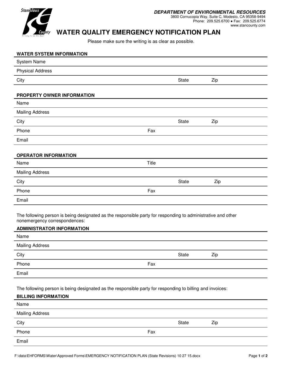 Stanislaus County, California Water Quality Emergency Notification Plan ...