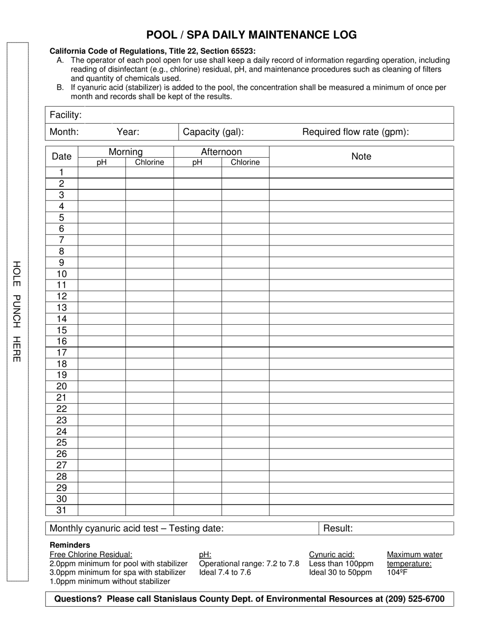 Stanislaus County, California Pool/SPA Daily Maintenance Log - Fill Out ...