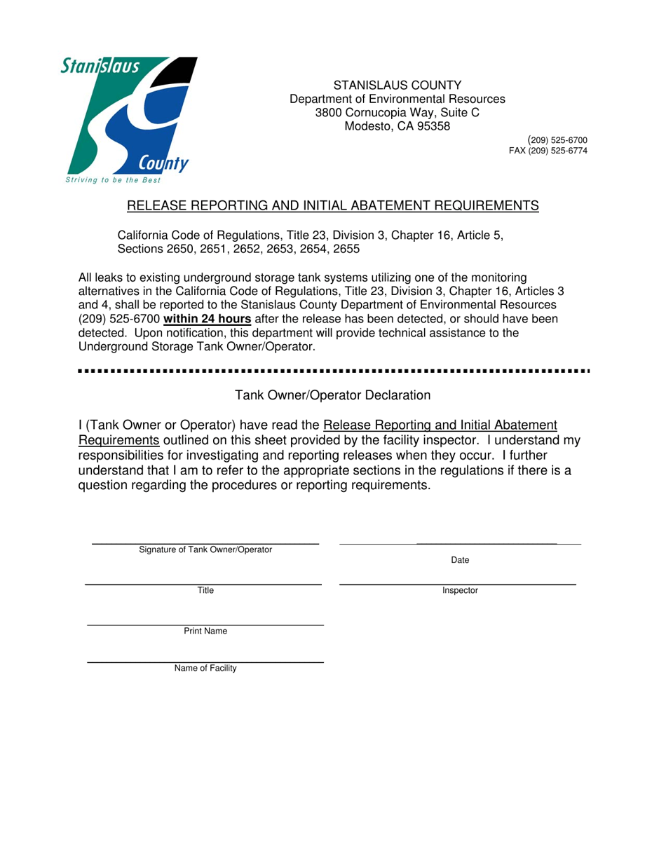 Stanislaus County, California Release Reporting and Initial Abatement ...