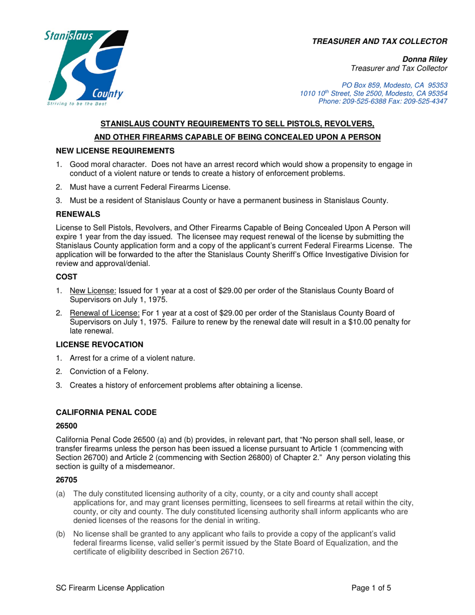 Stanislaus County, California Application for License to Sell Pistols, Revolvers, and Other ...