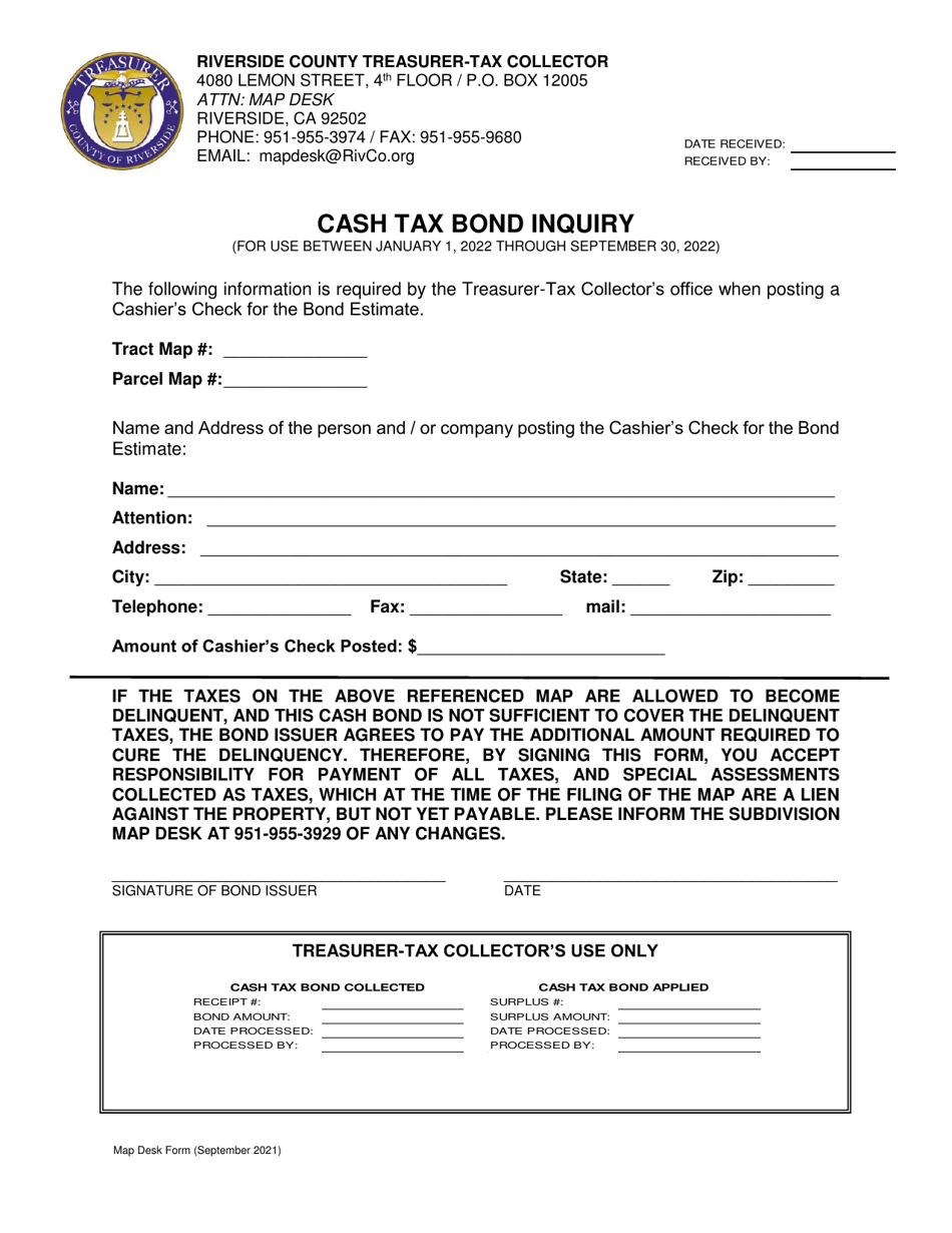 2022 Riverside County, California Cash Tax Bond Inquiry - Fill Out ...