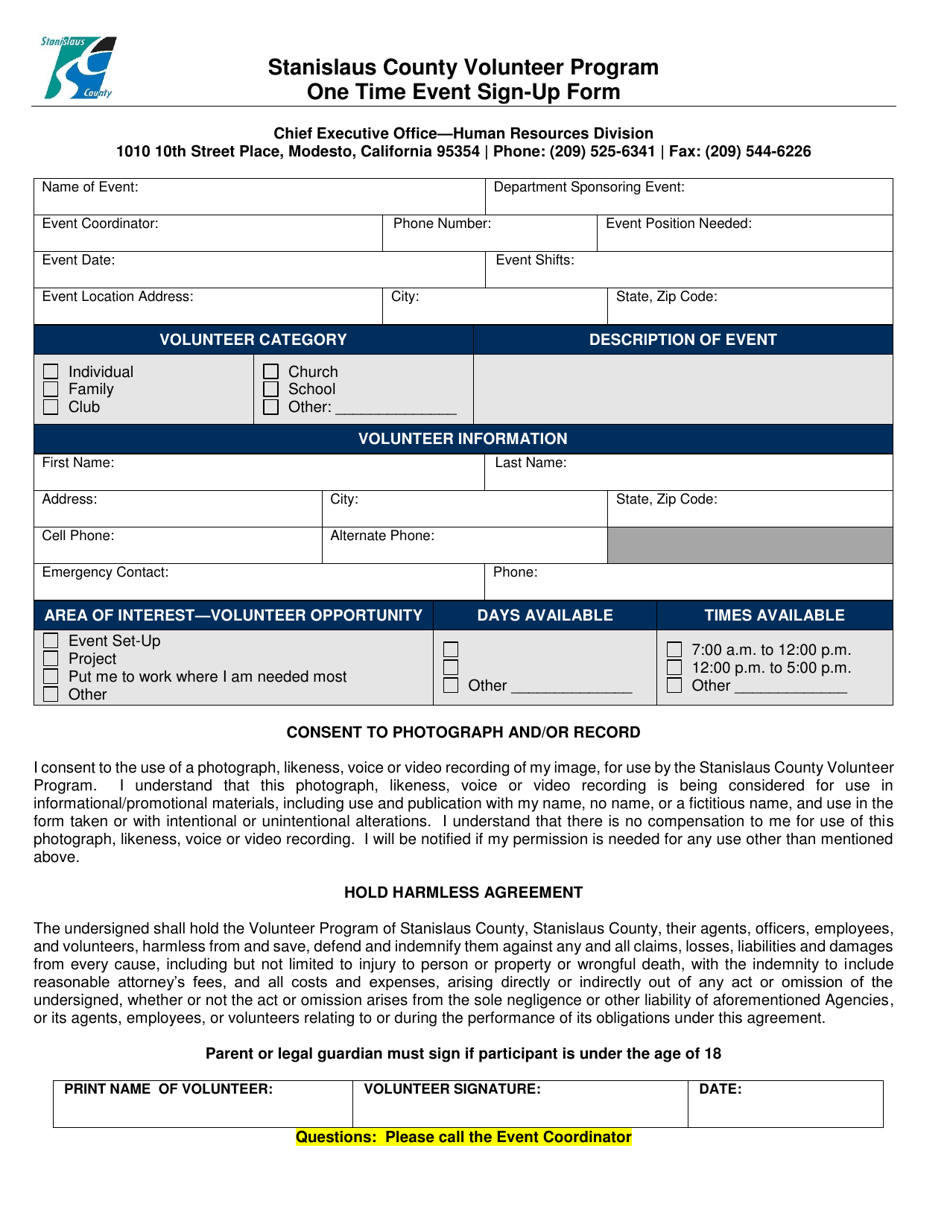 Stanislaus County, California Volunteer Program One Time Event Sign-Up Form - Fill Out, Sign ...