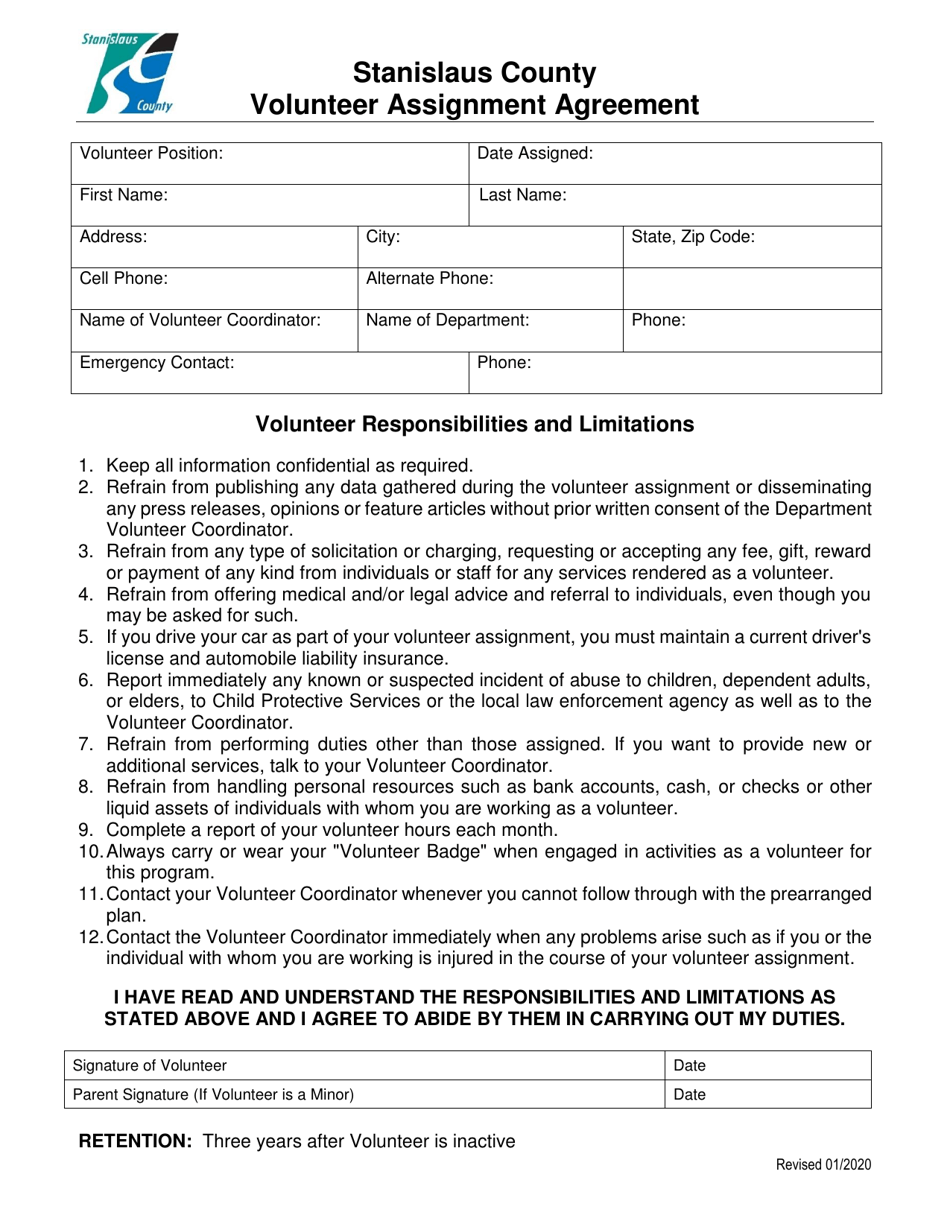 Stanislaus County, California Volunteer Assignment Agreement - Fill Out ...