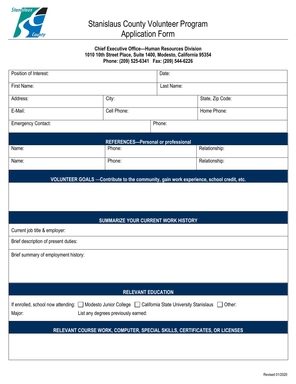Stanislaus County, California Volunteer Program Application Form - Fill ...