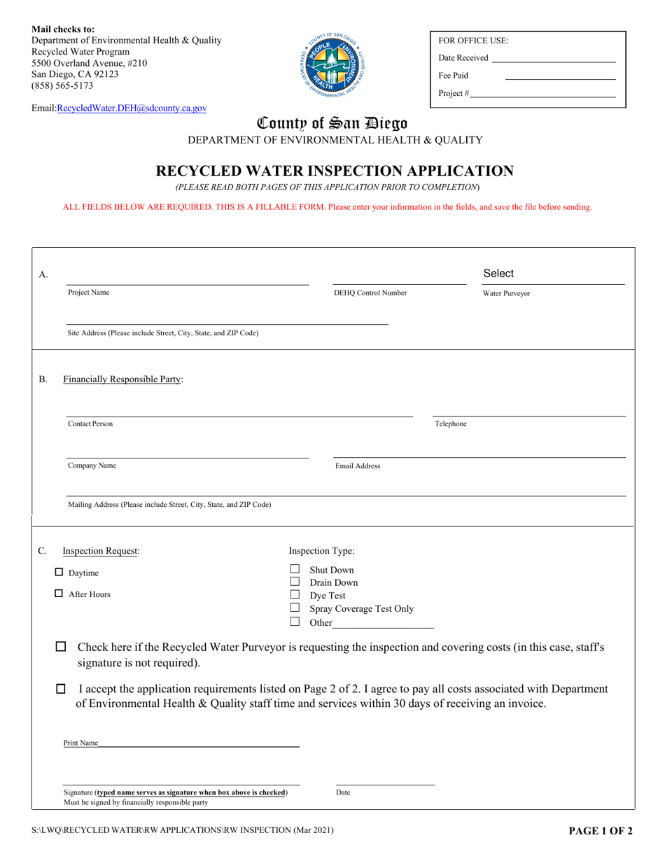 County of San Diego, California Recycled Water Inspection Application ...