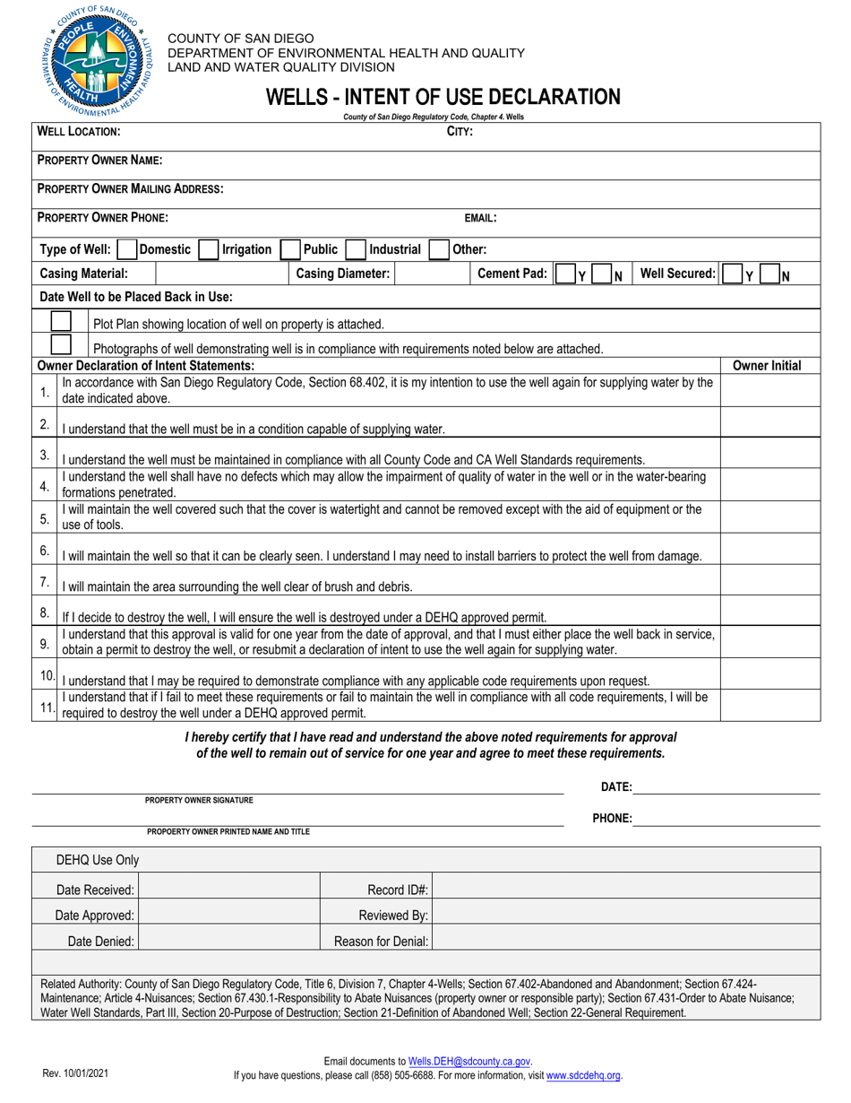 County of San Diego, California Wells - Intent of Use Declaration ...