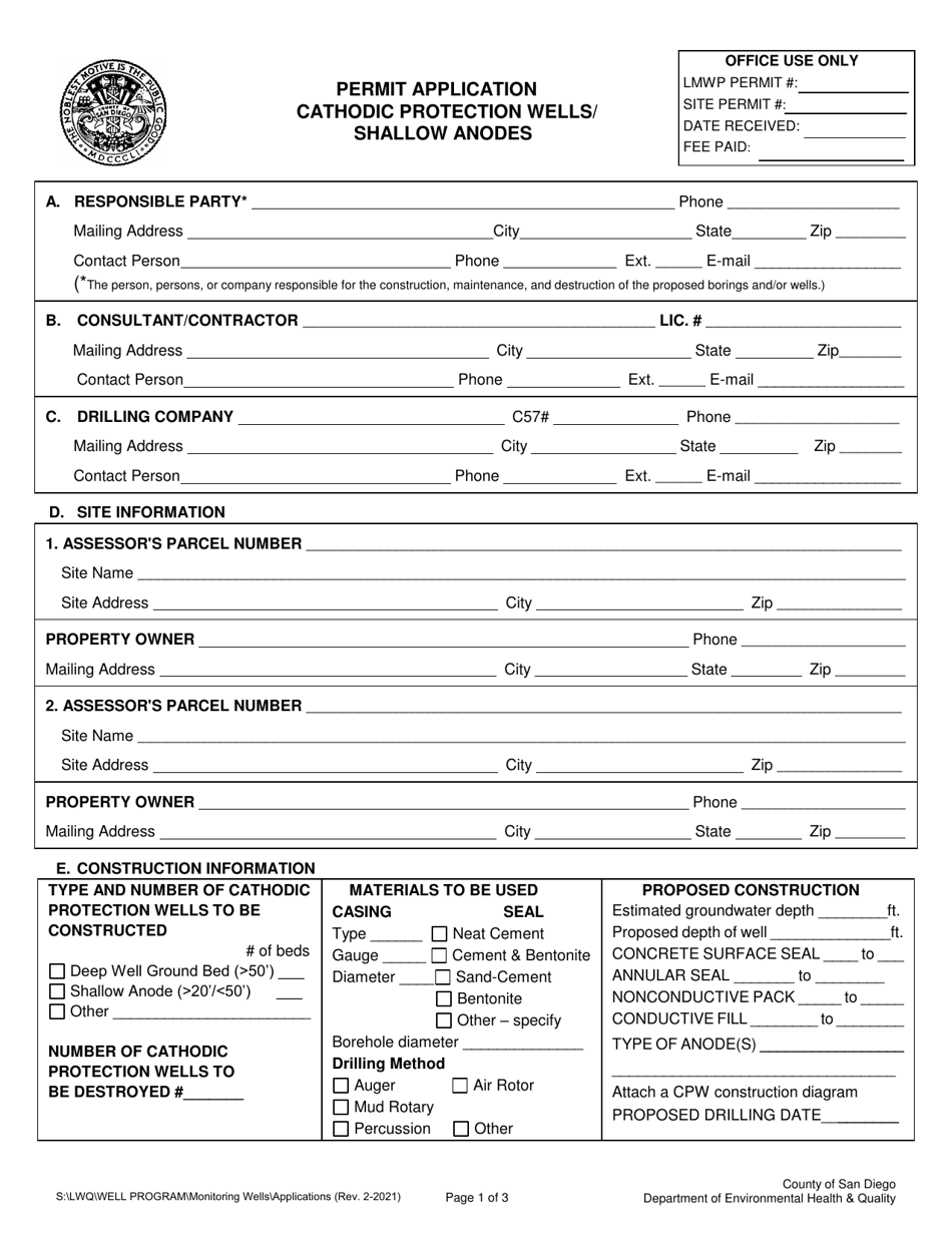 County of San Diego, California Permit Application - Cathodic ...