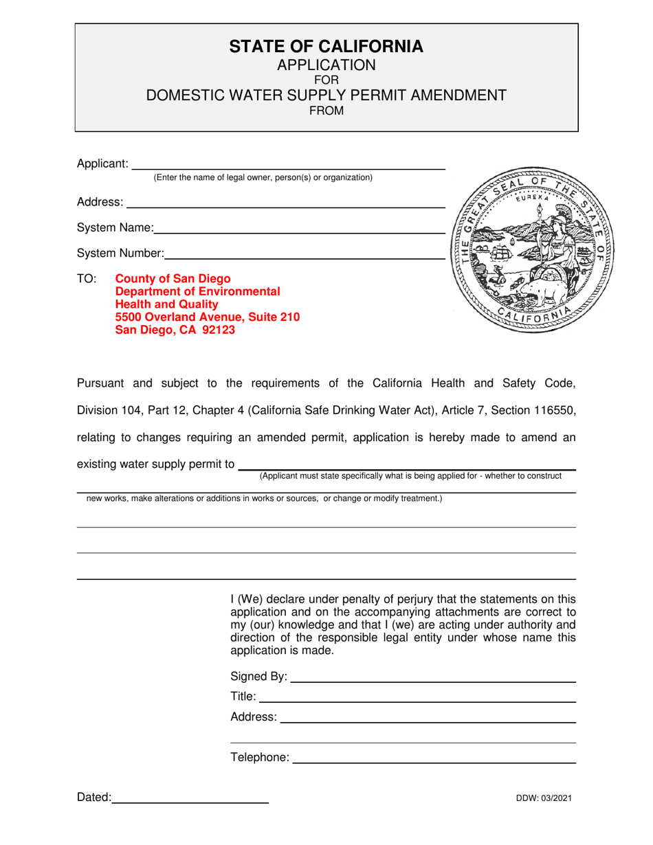 County of San Diego, California Application for Domestic Water Supply Permit Amendment - Fill ...