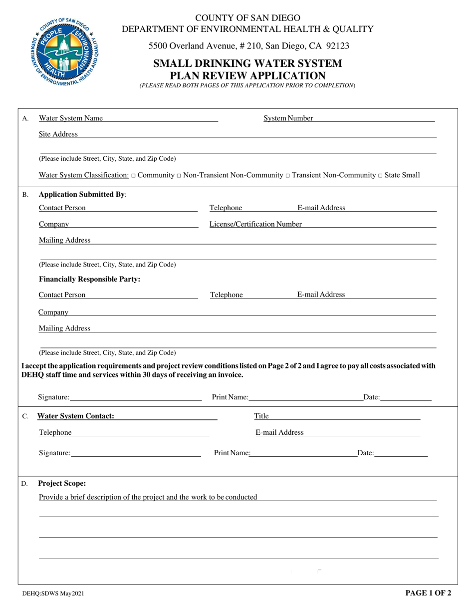 County of San Diego, California Small Drinking Water System Plan Review Application - Fill Out ...