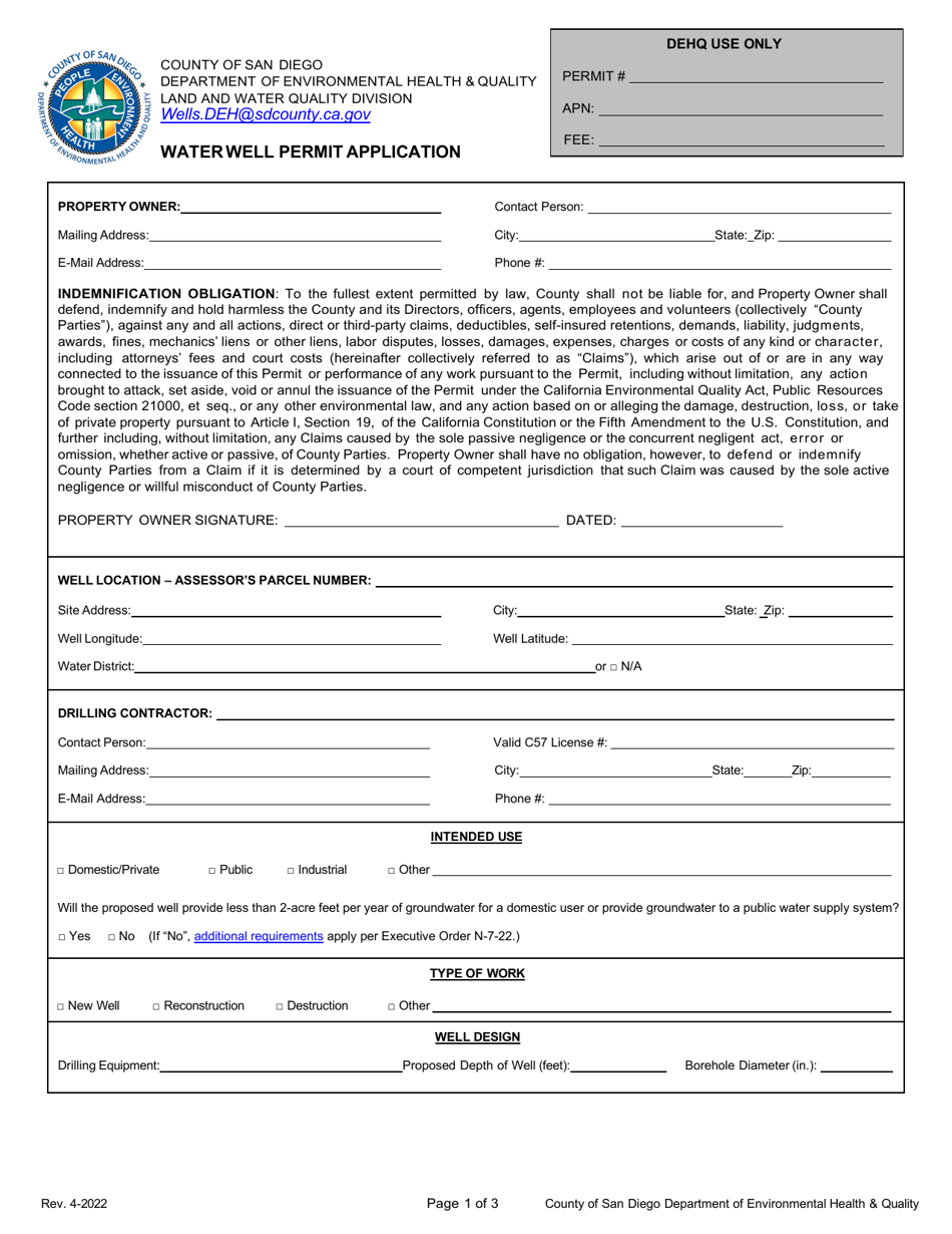 County of San Diego, California Water Well Permit Application - Fill ...