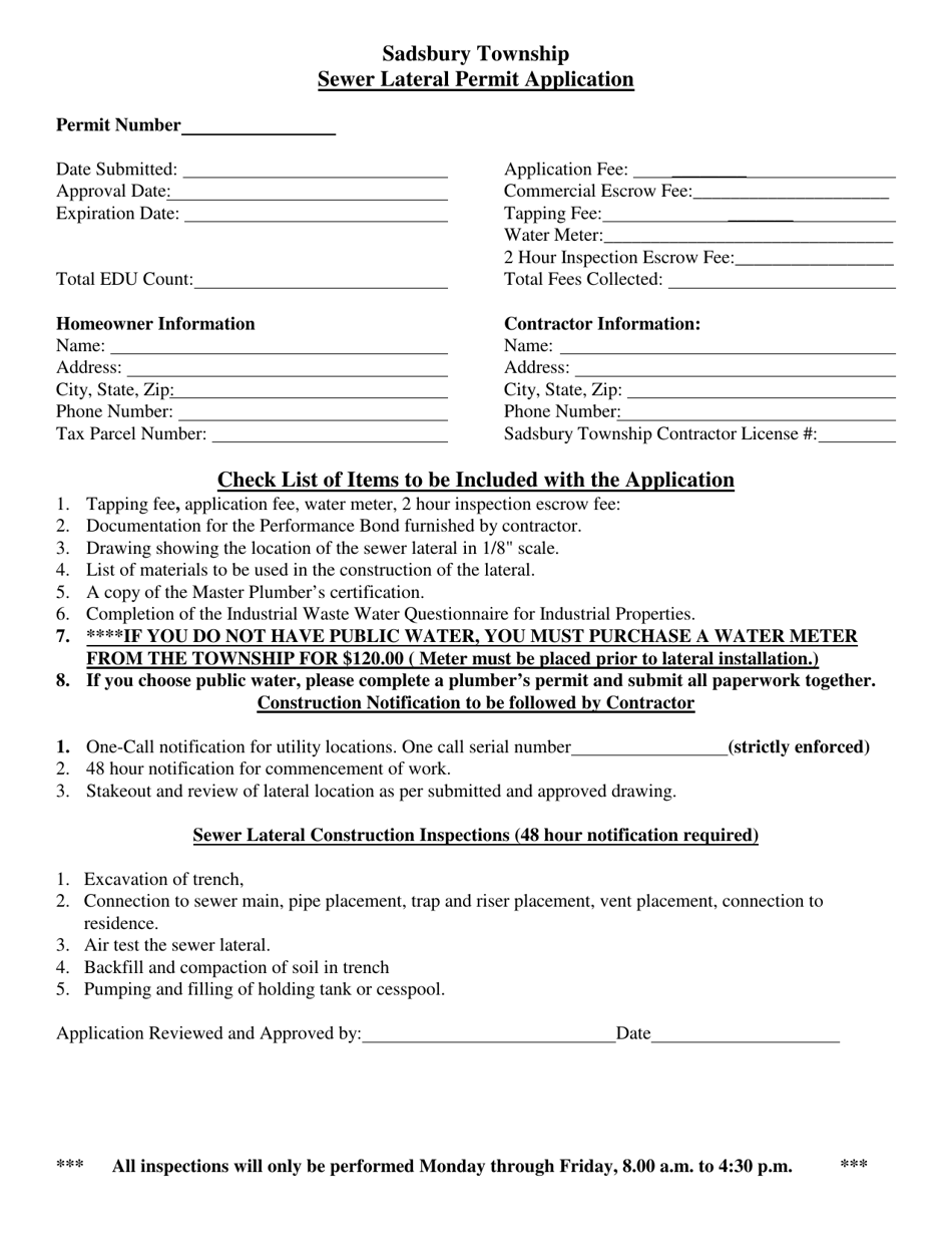 Sadsbury Township, Pennsylvania Sewer Lateral Permit Application - Fill ...