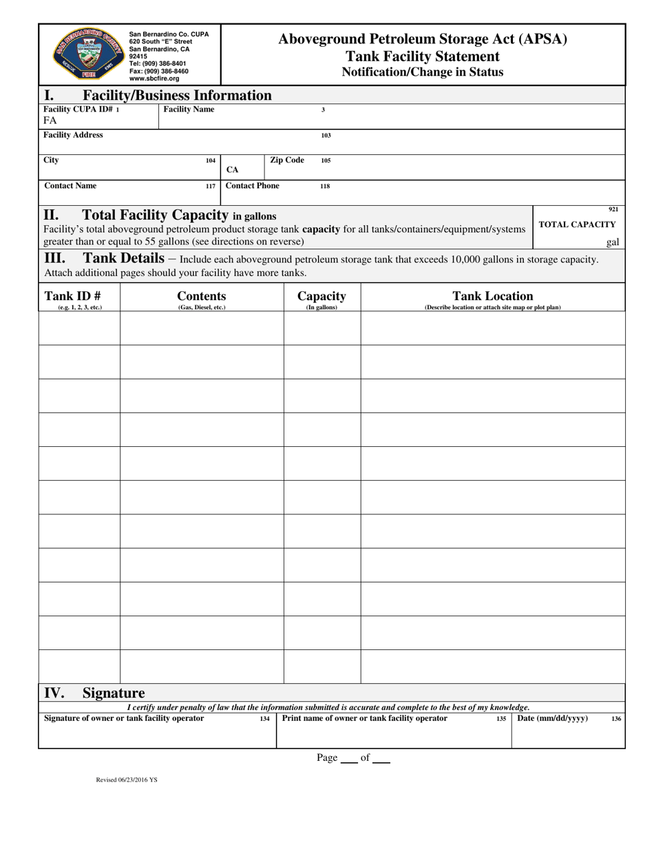 County of San Bernardino, California Aboveground Petroleum Storage Tank ...
